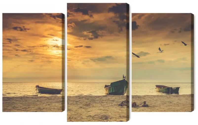 Vícedílný obraz Lodě Na Pláži Při Západu Slunce Nedostatek Nedostatek Plátno Canvas 180x120