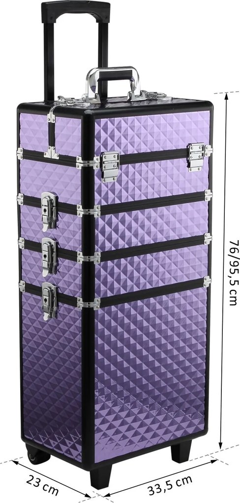 HOMCOM Profesionální Make-up Kufr s Univerzálními Kolíky, Různé Úrovně, Rozšiřitelná Rukojeť, Make-up Trolley Hliníková Slitina 33.5x23x76/95.5 cm Fi…