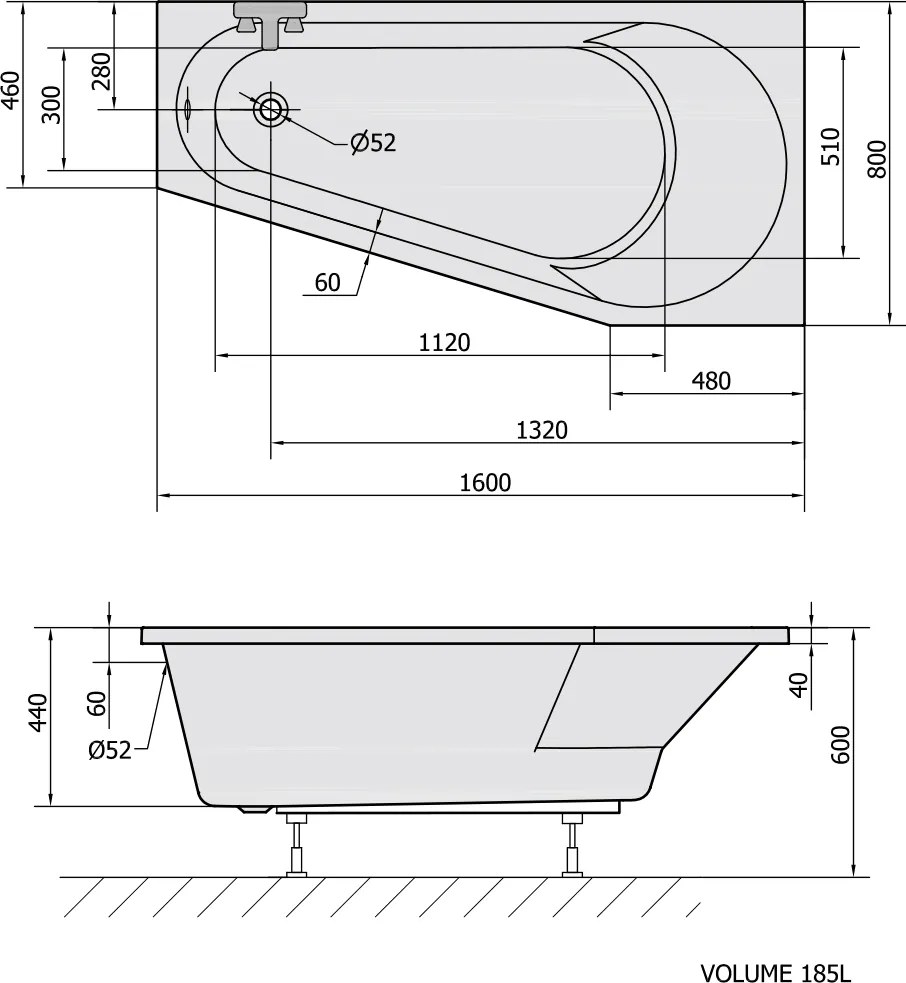 Polysan, PROJEKTA R asymetrická vana 160x80x44cm, bílá, 21111