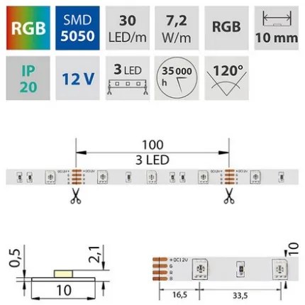 LED pásek McLED 12V RGB š=10mm IP20 7,2W/m 30LED/m SMD5050 ML-123.580.60.2
