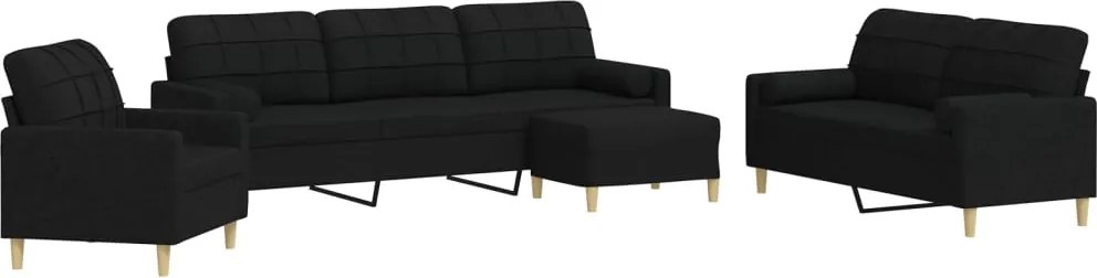4dílná sedací souprava s podnožkou a polštáři černá textil 3278315