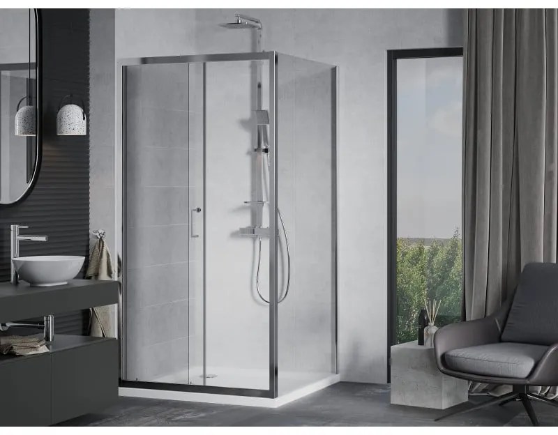 Mexen Apia posuvný sprchový kout 90 x 90 cm, 5mm sklo, chromový profil-čiré sklo + slim sprchová vanička 5cm, 840-090-090-01-00-4010