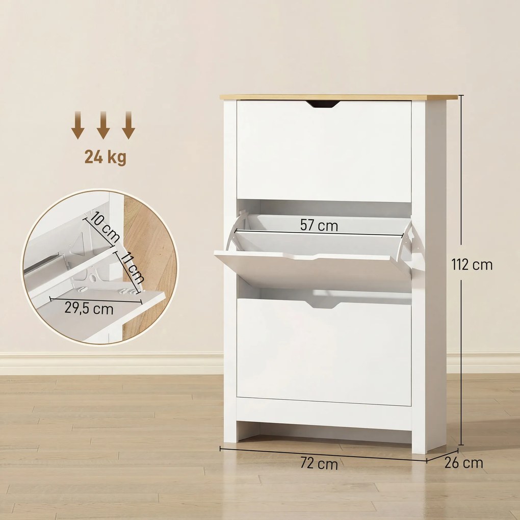 HOMCOM skříňka na boty výklopný botník 3 klapky na 18 párů bot prostorově úsporná v bílé a přírodní barvě 72 x 26 x 112 cm do předsíně a vstupních pr…