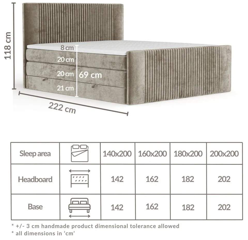 Světle hnědá boxspring postel s úložným prostorem 140x200 cm Bergamo – Maison de Rêve
