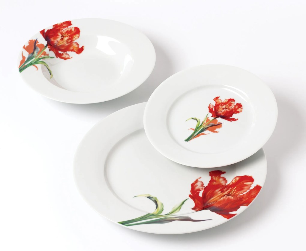 Porcelánová jídelní sada LEA Tulip 18 ks bílá/červená