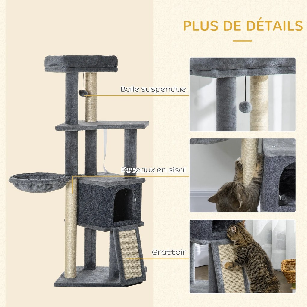 PawHut Multifunkční Aktivní Centr Cat Tree se Škrabacími Sloupky, Škrabací Podložkou, Visící Hračkou a Skrýší - Šedá | Aosom