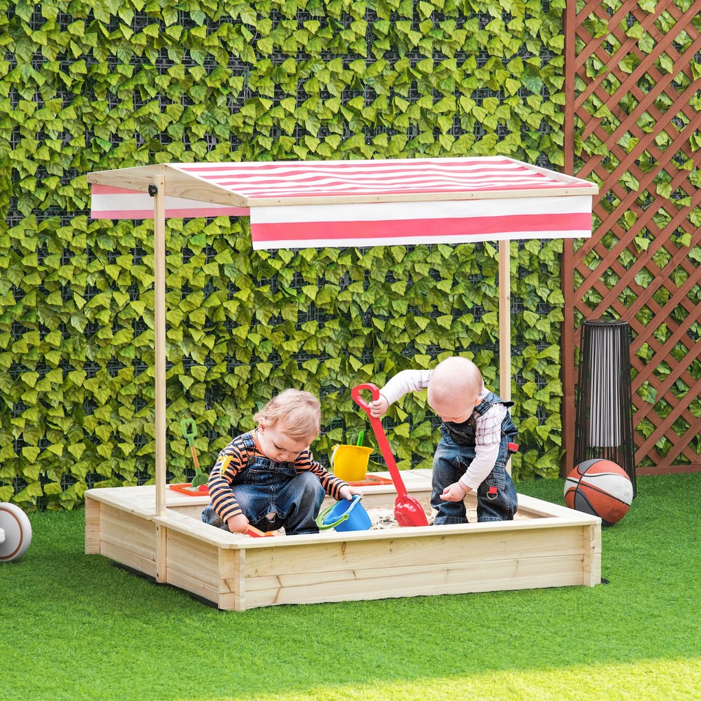 Square Wooden Sandpit Outsunny 1,18L x 1,18W x 1,18H m - Nastavitelná výška, sklon střechy, uzavíratelný - 2 vaničky - Autoklávované jedlové dřevo