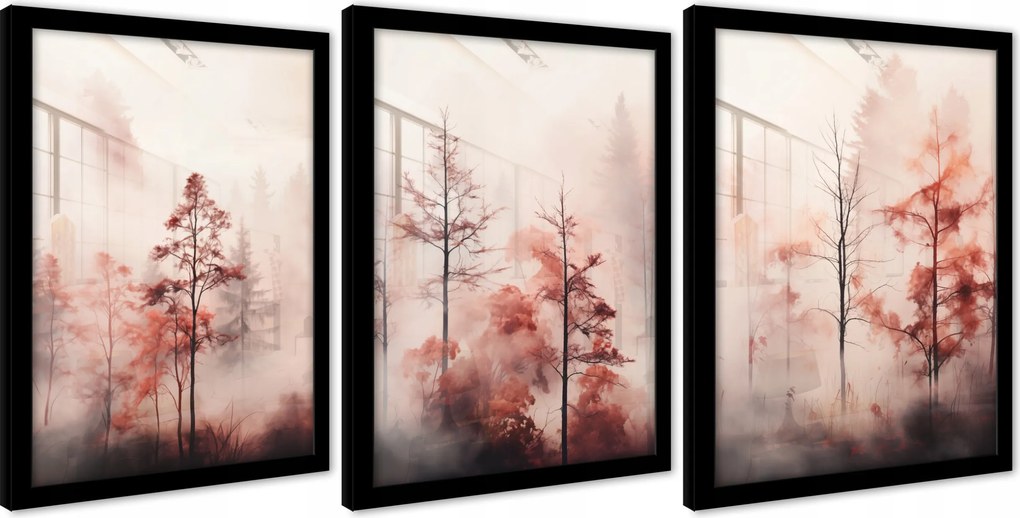 Obrazy Na Zeď V Černém Rámu Plakáty Triptych Les V Mlze Stromy 43x99