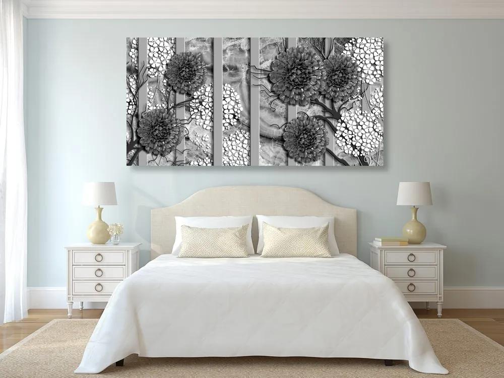 Obraz abstraktní květiny na mramorovém pozadí v černobílém provedení