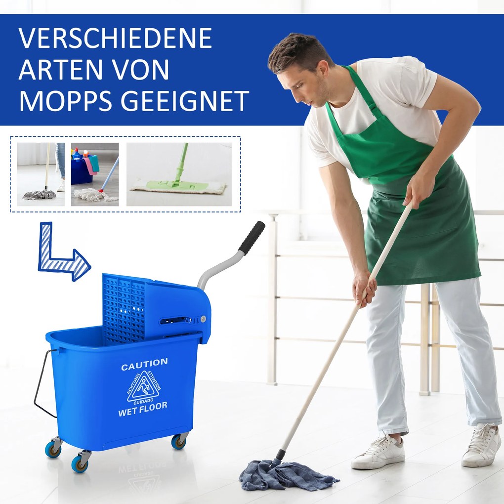 HOMCOM Úklidový vozík mycí kbelík pro domácnost 20 l s odstředivkou a odlučovačem čisté špinavé vody modrý 60L x 27W x 70,5H cm