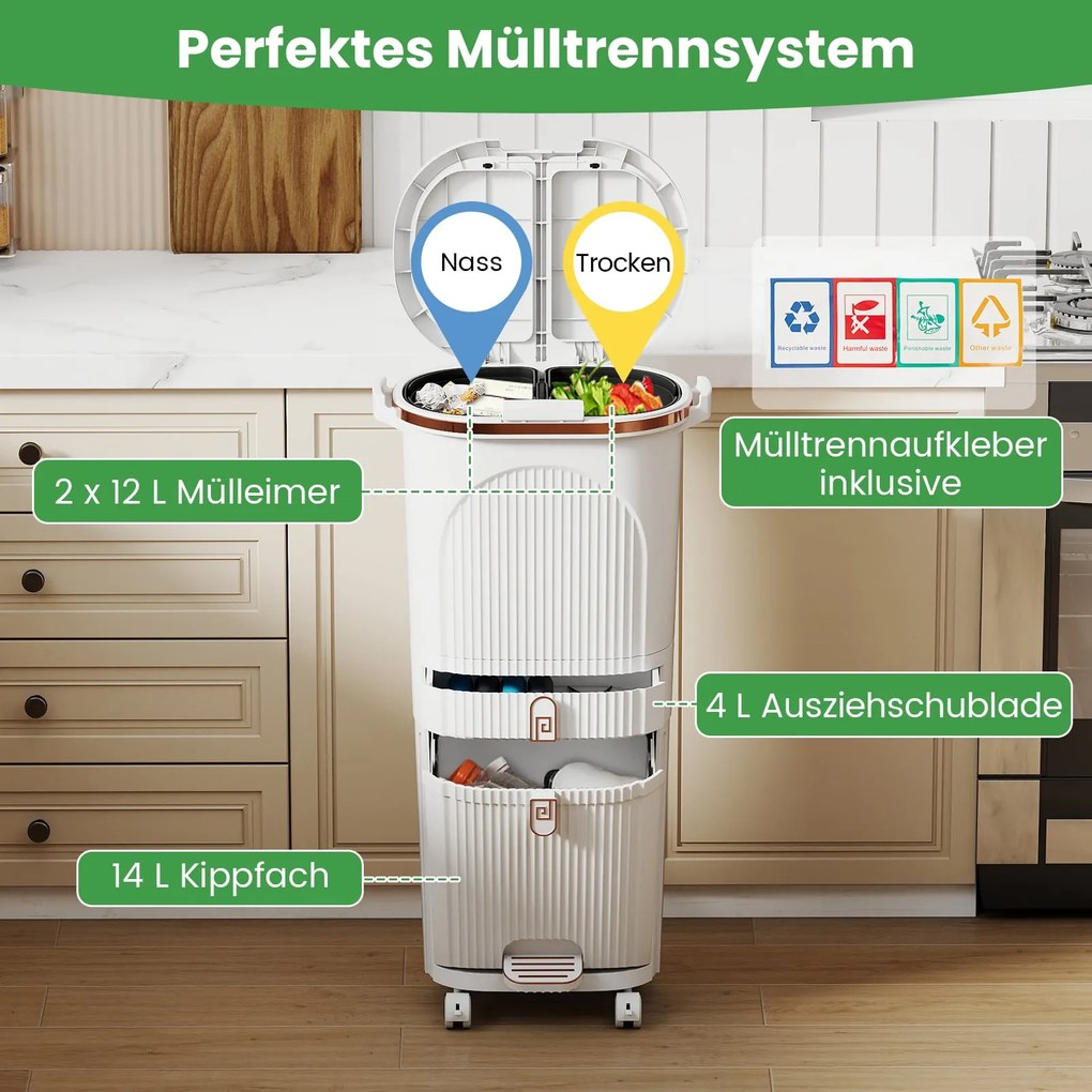 Costway 42 L kuchyňský odpadkový koš s víkem 3patrový třídicí koš s 2