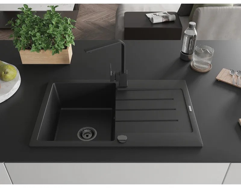 Mexen Bruno, dřez granitový 795x495x200 mm, 1-komorový, černá s černým sifonem a černá dřezová baterie Rita, 6513-77-670300-70-B