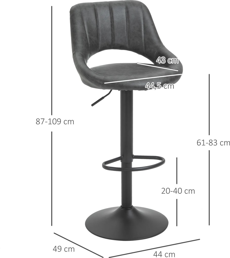HOMCOM Sada 2 otočných kuchyňských stoliček s výškově nastavitelnou opěrkou na nohy ve vzhledu kůže a kovovým rámem 44 x 49 x 90-110 cm Šedá | Aosom.…