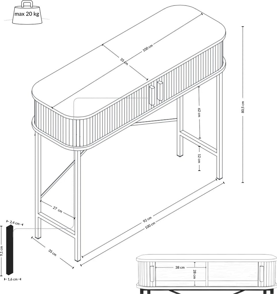 Konzole SCAVA s posuvnými dveřmi, drážkovaná, 100 x 35 x 80,5 cm