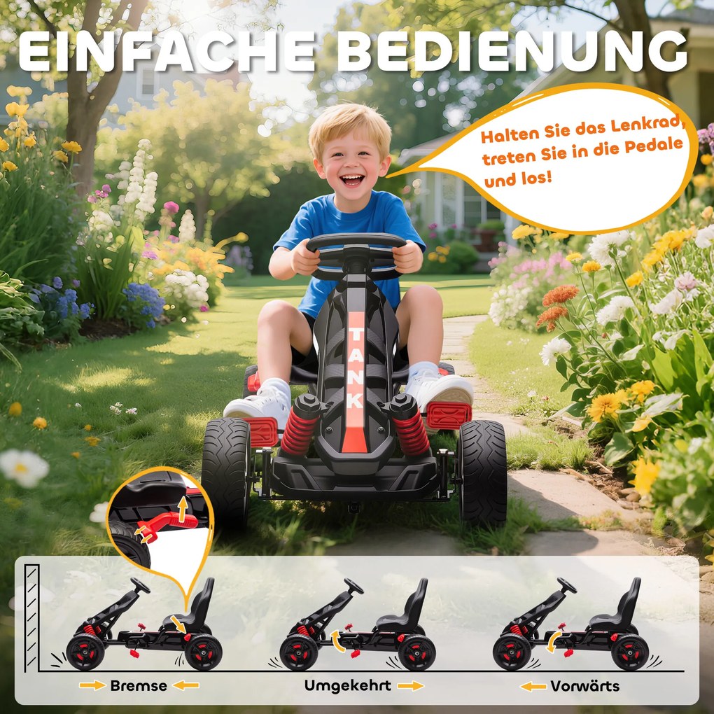 AIYAPLAY Gokart s pedály, šlapací auto pro děti s brzdou, protiskluzová kola, kovový rám, 3-6 let, červená