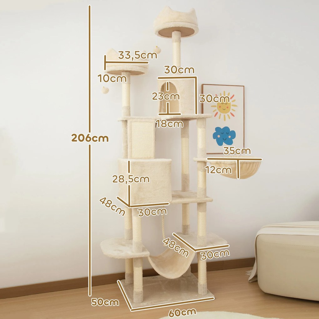 PawHut Velký Škrabací Strom pro Kočky Výška 206 cm S Platinami, Jeskyněmi, Visícími Míčky a Houpacími Sítí Bežová