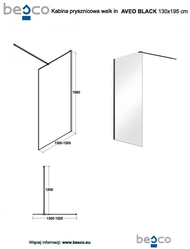 BESCO Walk-in sprchový kout AVEO BLACK BARVA rámu - Černá, Pevná stěna - Bez pevné stěny, Rozměr A - 130 cm, Rozměr C - 195 cm, Výplň - Čiré bezpečnostní sklo - 8 mm BCAVEO130BL