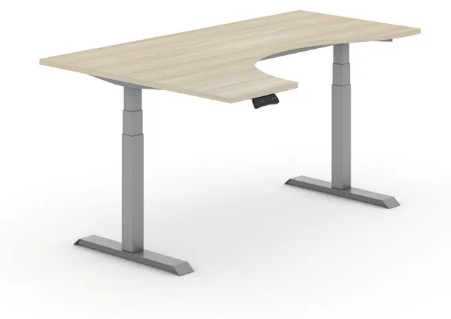 Výškově nastavitelný stůl PRIMO ADAPT, elektrický, 1800x1200x625-1275 mm, ergonomický levý, dub, šedá podnož