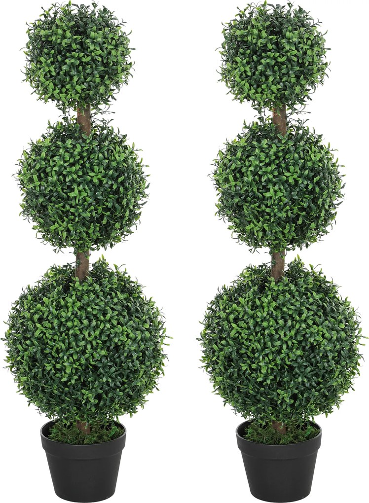 HOMCOM Sada 2 umělých stromů 101,6 cm, 3 kouličkové buxus topiary rostliny, umělá rostlina zelená PE s vnitřním a venkovním květináčem