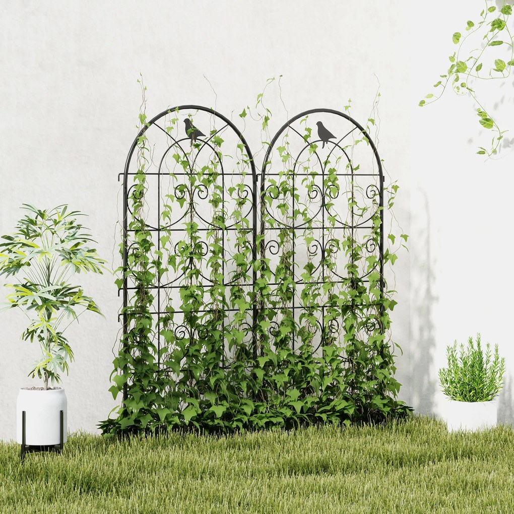 Outsunny Kovová mřížka sada 2 nerezových podpěr s ptačím vzorem pro popínavé rostliny 50x120 cm černá 84H-335V00BK