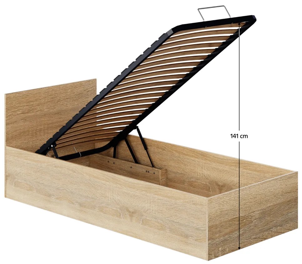 Kondela Postel s kovovým roštem a úložným prostorem, 90x200, dub sonoma, DOLI