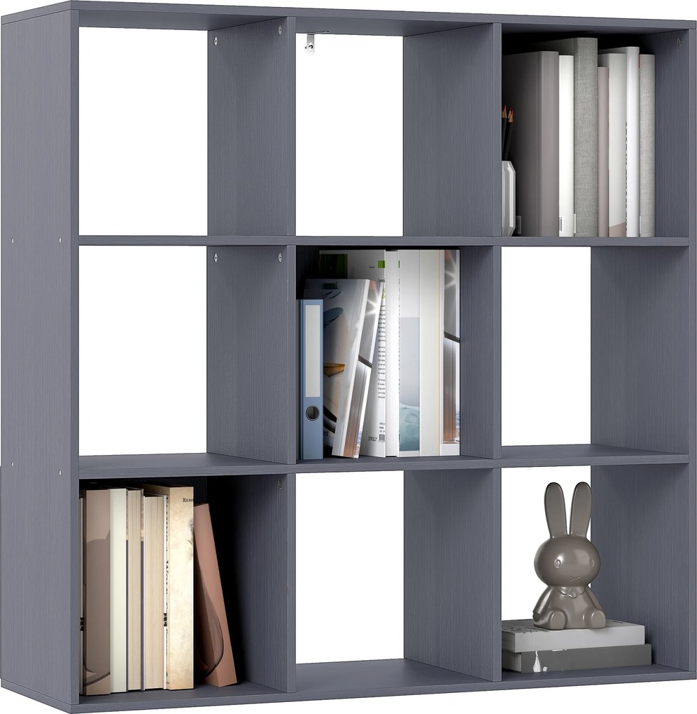 HOMCOM knihovna, třípatrový úložný regál s 9 přihrádkami, do obývacího pokoje, kanceláře nebo ložnice, 91 x 29,5 x 91 cm, šedá