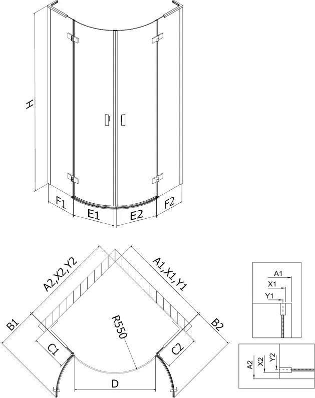Mexen Mist L, čtvrtkruhový sprchový kout s 2-křídlými dveřmi, 90 x 90 cm, čiré sklo, zlatý lesklý profil, 8A33L-090-090-50-00