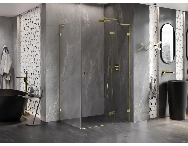 Mexen Lunar, L pravý výklopný sprchový kout 85 x 80 cm, 8mm čiré sklo, zlatý profil, 834L-085-080-50-00-P