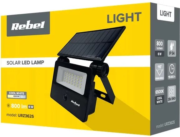 Solární reflektor REBEL URZ3625, 800lm, IP54, 6500K, 3,7 V, 1500 mAh, 6W, černá