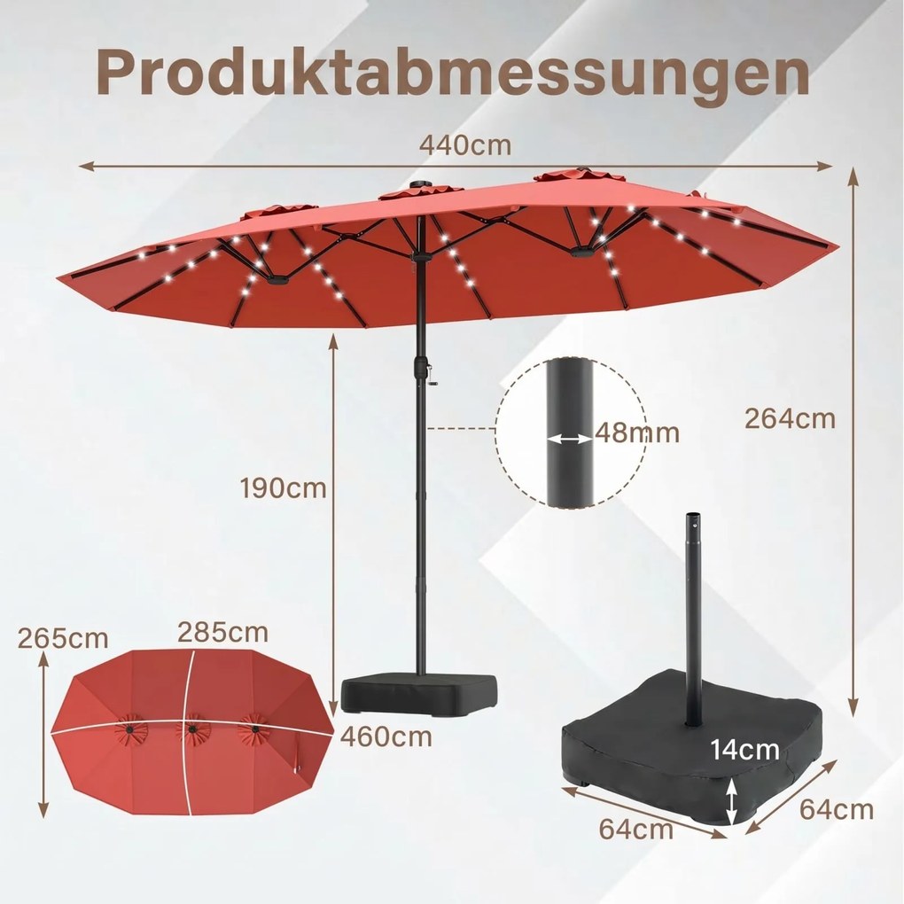 Costway Dvojitý slunečník 460 x 285 cm slunečník s LED