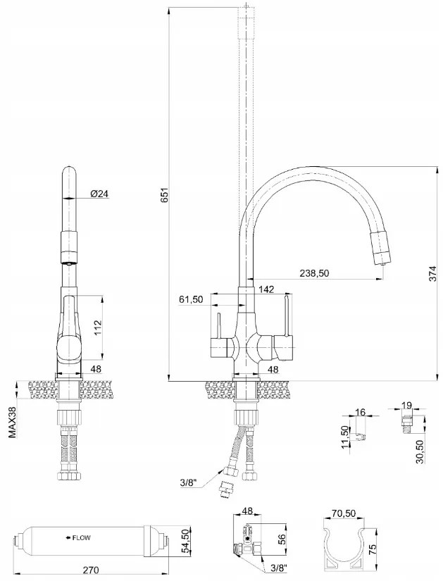 Invena Magic, stojánková dřezová baterie s flexibilním ramenem a filtrem na pitnou vodu, šedá matná, INV-BZ-02-F05-V