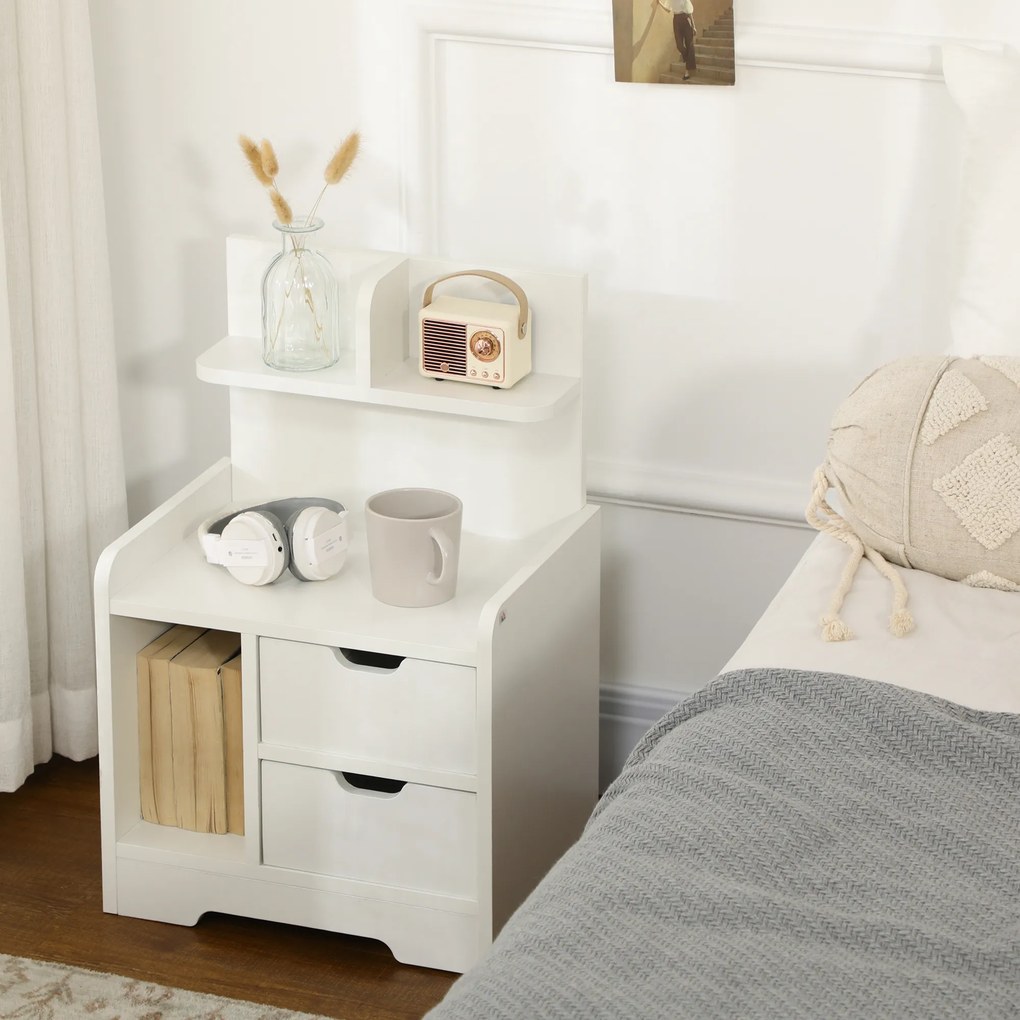 HOMCOM Moderní noční stolek s 2 šuplíky a 3 úložnými prostory pro obývací pokoj a ložnici, nosnost 30 kg, 40x30x60 cm, bílý