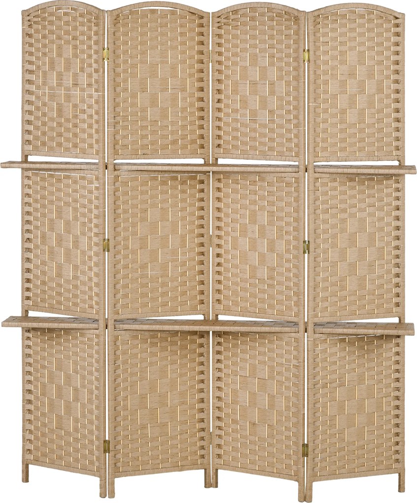 HOMCOM 4-panelový rozdělující paraván 160x170 cm se 2 policemi, soukromý paraván skládací příčka do kanceláře a ložnice přírodní | Aosom