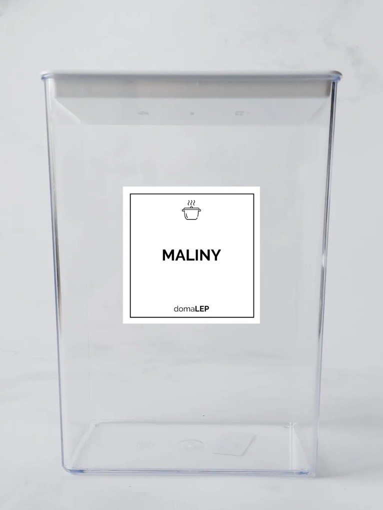 MALINY – bílá samolepka na dózu, tučné písmo, 5 x 5 cm | DomaLEP