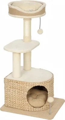 PawHut Škrabadlo Moderní design Pletený styl se škrabacím sloupkem 4 úrovně, rákosová nika, jutový lehátko 87 cm Béžová