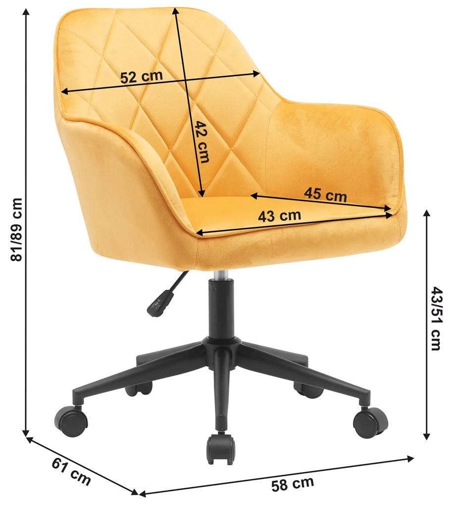 Kancelářské křeslo SORILA NEW sametová látka Velvet žlutá, kov černý lak