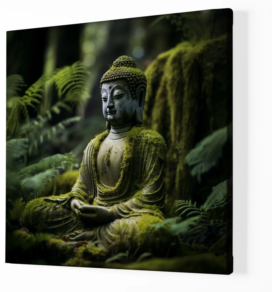 Obraz na plátně - Mechová buddhova socha v lese FeelHappy.cz Velikost obrazu: 100 x 100 cm