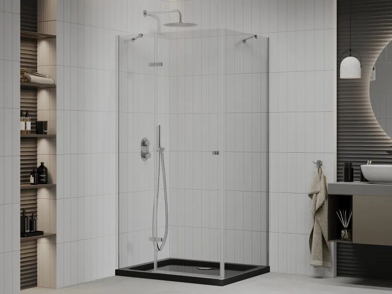 Mexen Roma, sprchový kout s křídlovými dveřmi 120 (dveře) x 90 (stěna) cm, 6mm čiré sklo, chromový profil + slim sprchová vanička černá + chromový sifon, 854-120-090-01-00-4070