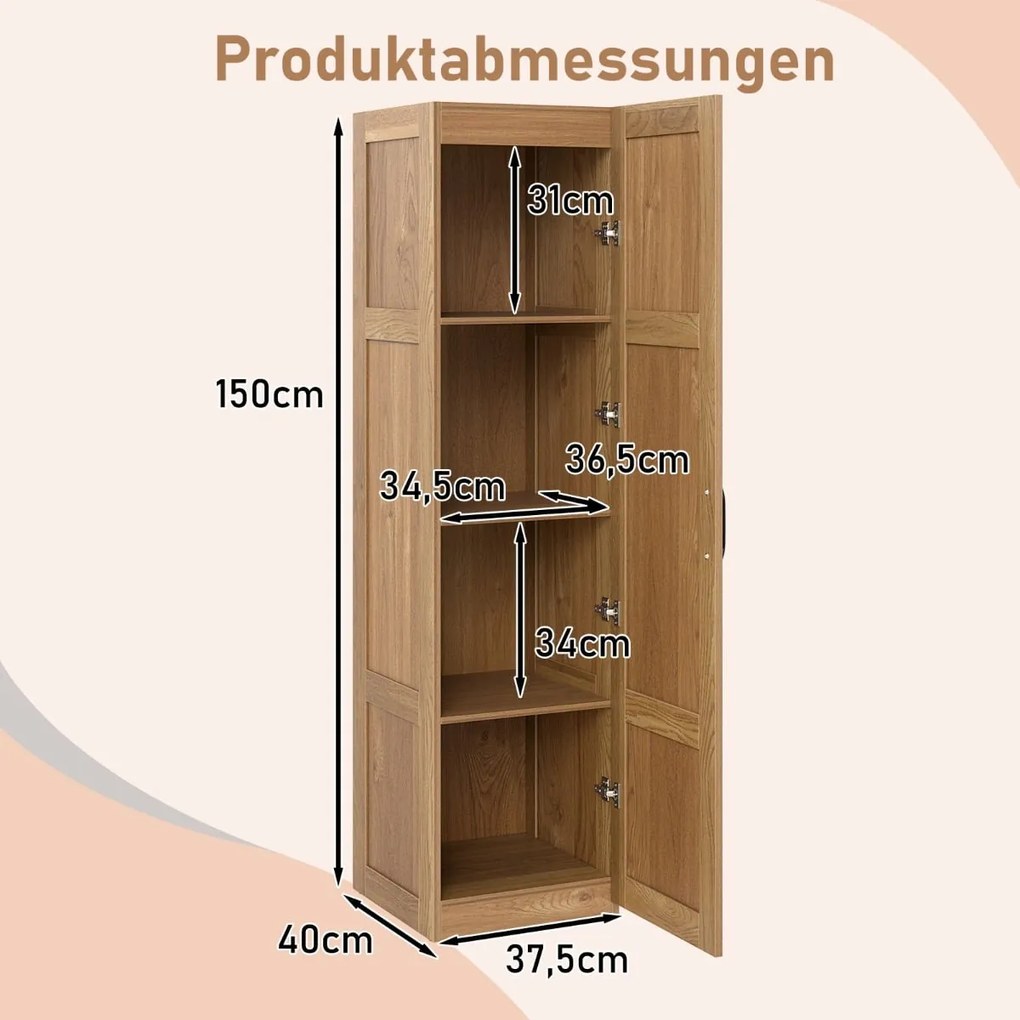 Costway 150 cm vysoká úložná skříň volně stojící 4patrová podlahová – přírodní