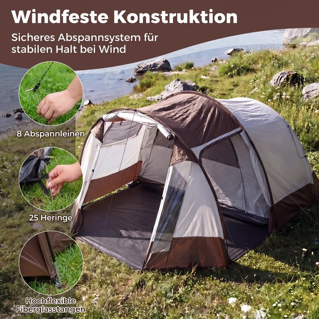 Costway Tunelový stan pro 4-6 osoby Vodotěsný s velkou předsíní a ventilačními