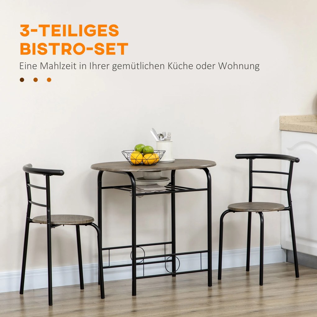 HOMCOM Jídelní set, Jídelní stůl se 2 židlemi, Oválný kuchyňský stůl s úložným prostorem, Kuchyňský set, Stolová sestava do kuchyně, Kov, Černá