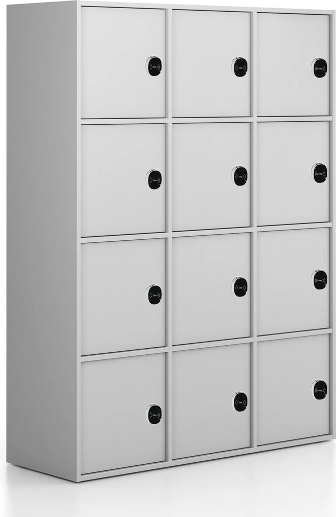Kancelářská skříň FRAME, 12x dveře, 1299 x 450 x 1735 mm, RFID zámek, šedá