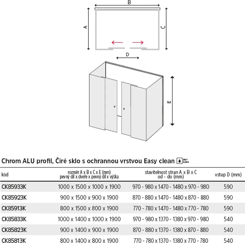 Mereo Mereo, Sprchový kout, Lima, obdélník, výška 190 cm, chrom ALU, sklo Čiré, CK85923K