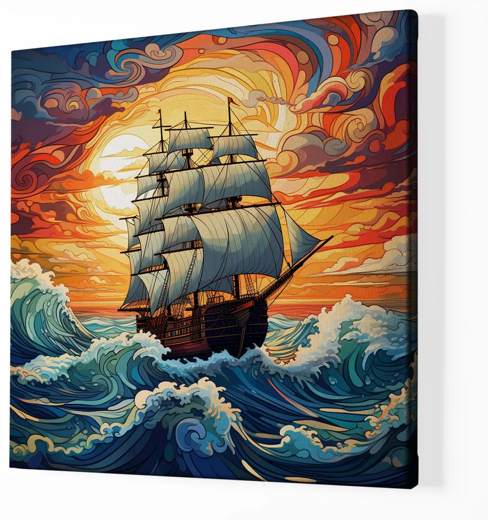 Obraz na plátně - Plachetnice Odyssea na moři s barevnými mraky FeelHappy.cz Velikost obrazu: 120 x 120 cm