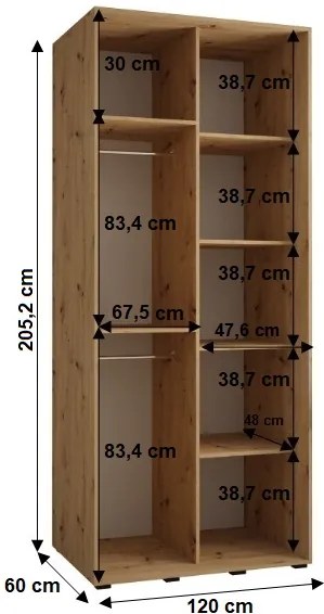 Šatní skříň Sapporo Abika 120/205,2/60 barevné provedení: bílý mat + černý mat+ artisan lamely