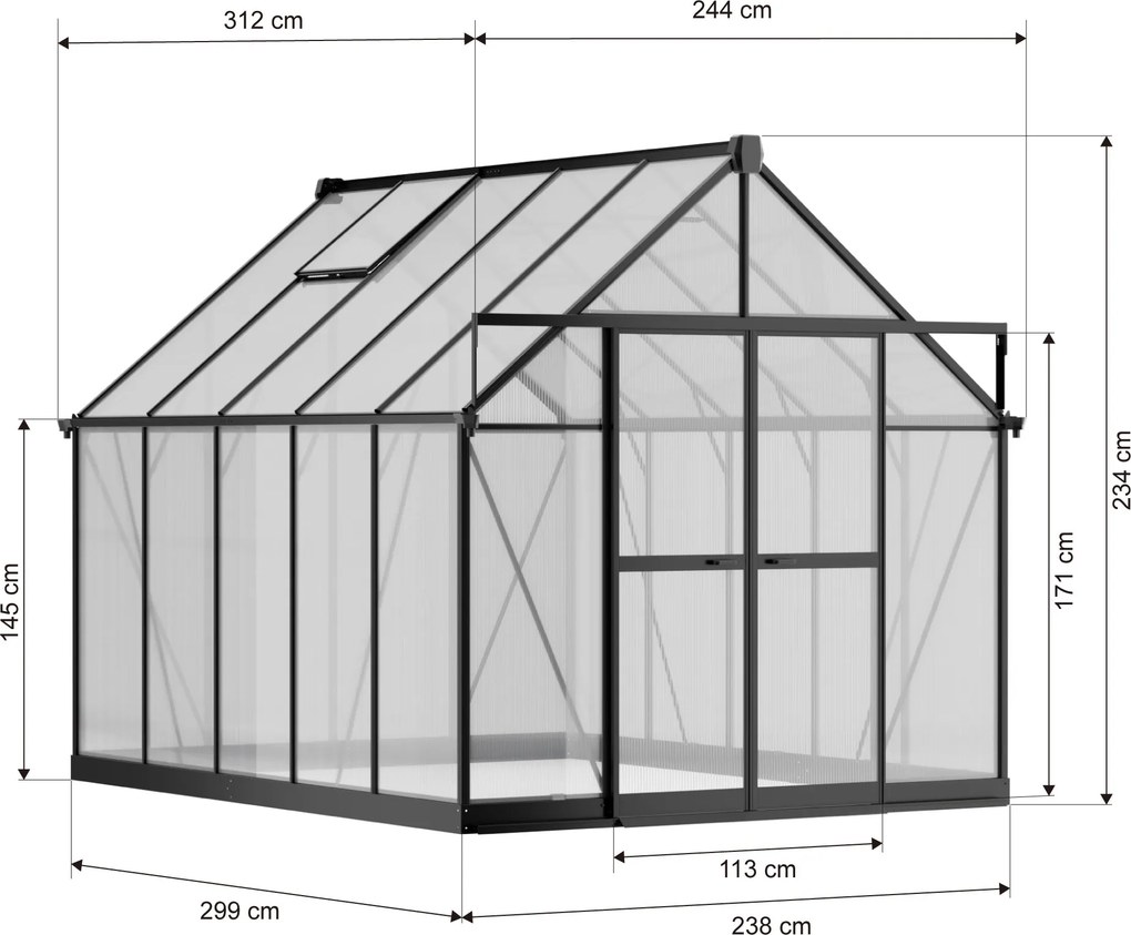 Skleník 234 x 244 x 312 cm, zesílená konstrukce, polykarbonát 6 mm