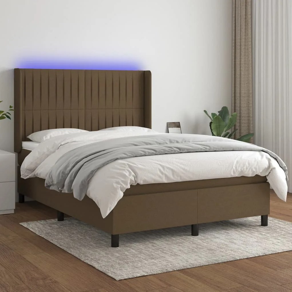 Box spring postel s matrací a LED tmavě hnědá 140x200 cm textil 3138480