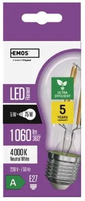 Emos lighting LED žárovka Filament A60 A CLASS/ E27 / 5 W (75 W) / 1 060 lm / neutrální bílá 1525283412
