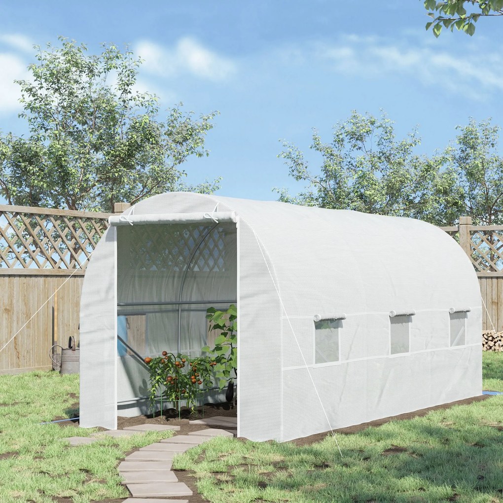 Zelený skleník Outsunny 445x200x200cm, fóliový skleník na rajčata s dveřmi, oknem, fóliovým tunelem vyrobený z pozinkované oceli, rostlinný tunel, sk…