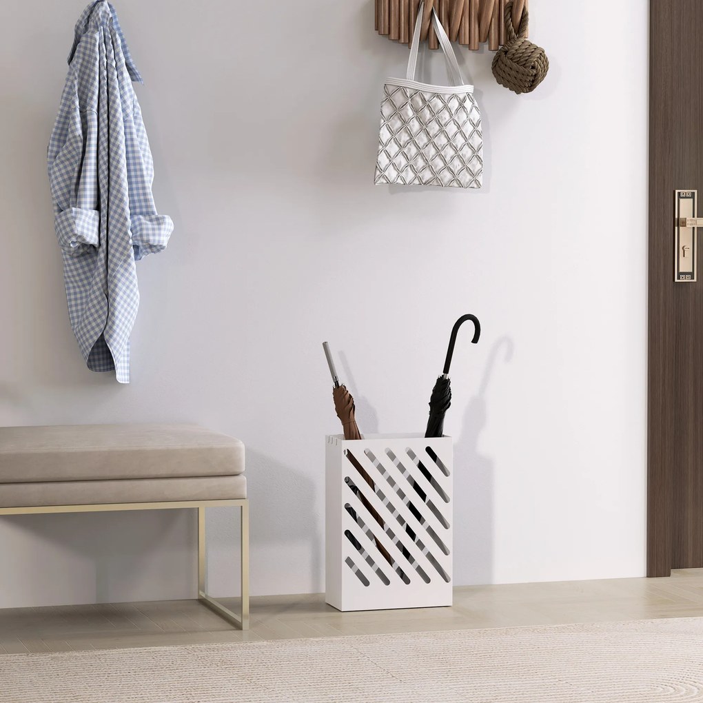 HOMCOM Stojan na deštníky s odkapávací miskou, 4 háčky, ocel, 28L x 14W x 41H cm, bílý
